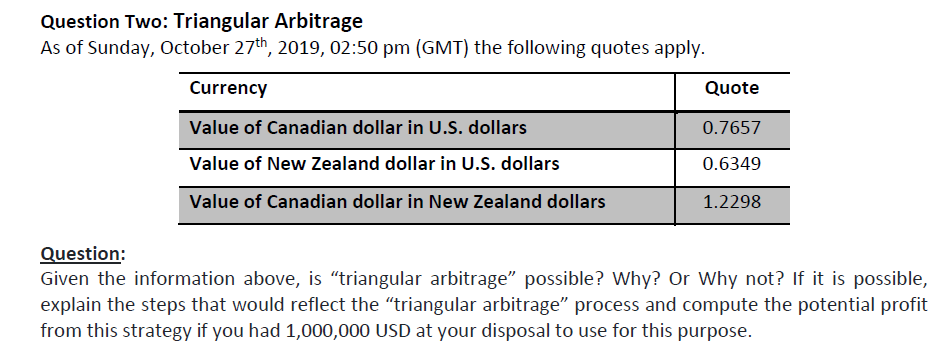 Solved Question Two: Triangular Arbitrage As of Sunday, | Chegg.com