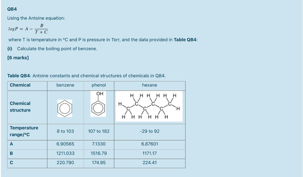 Solved QB4 Using the Antoine equation: B log P = A - T+C | Chegg.com