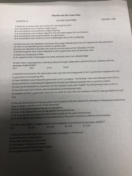 Solved Mendel and the Gene Idea CHAPTER 11 LECTURE QUESTIONS | Chegg.com