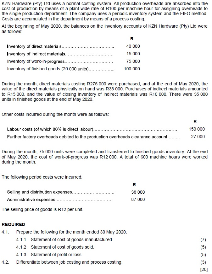 Solved KZN Hardware (Pty) Ltd uses a normal costing system. | Chegg.com