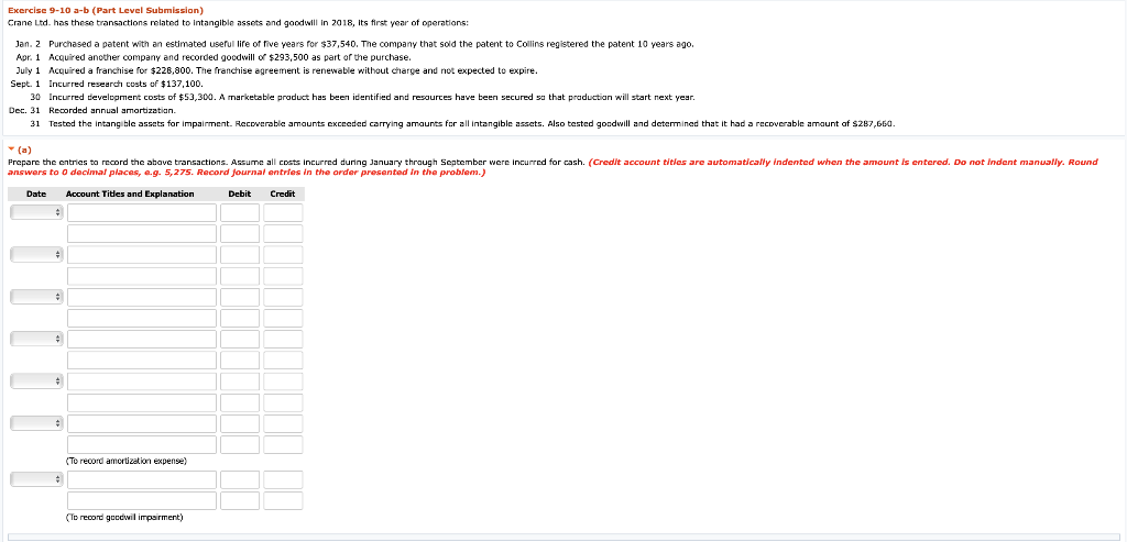Solved Exercise 9-10 a-b (Part Level Submission) Crane Ltd. | Chegg.com
