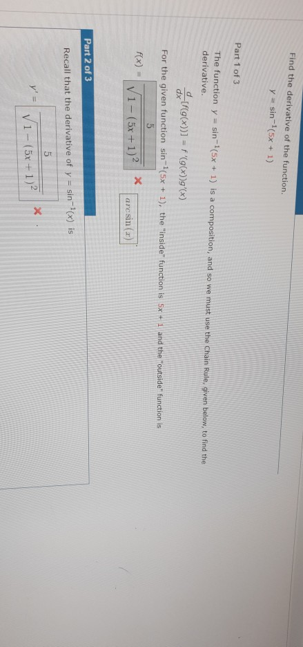 Solved Find the derivative of the function. y sin-1(5x+ 1) | Chegg.com