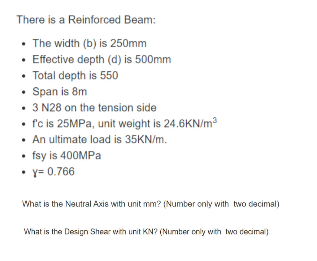 Solved There is a Reinforced Beam: • The width (b) is 250mm | Chegg.com