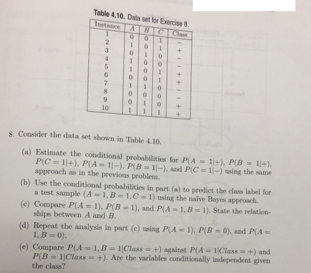 Solved Table 4.10. Data set for Exercise 8. Instance A B C | Chegg.com