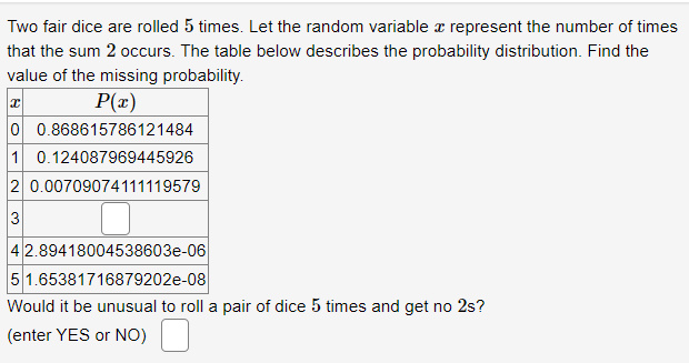 Solved 2 Two fair dice are rolled 5 times. Let the random | Chegg.com