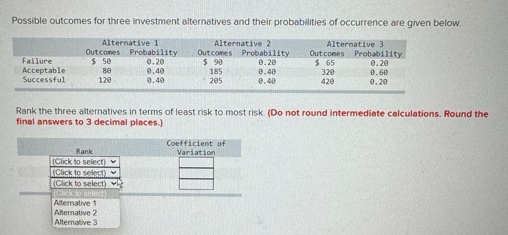 Solved Possible outcomes for three investment alternatives | Chegg.com