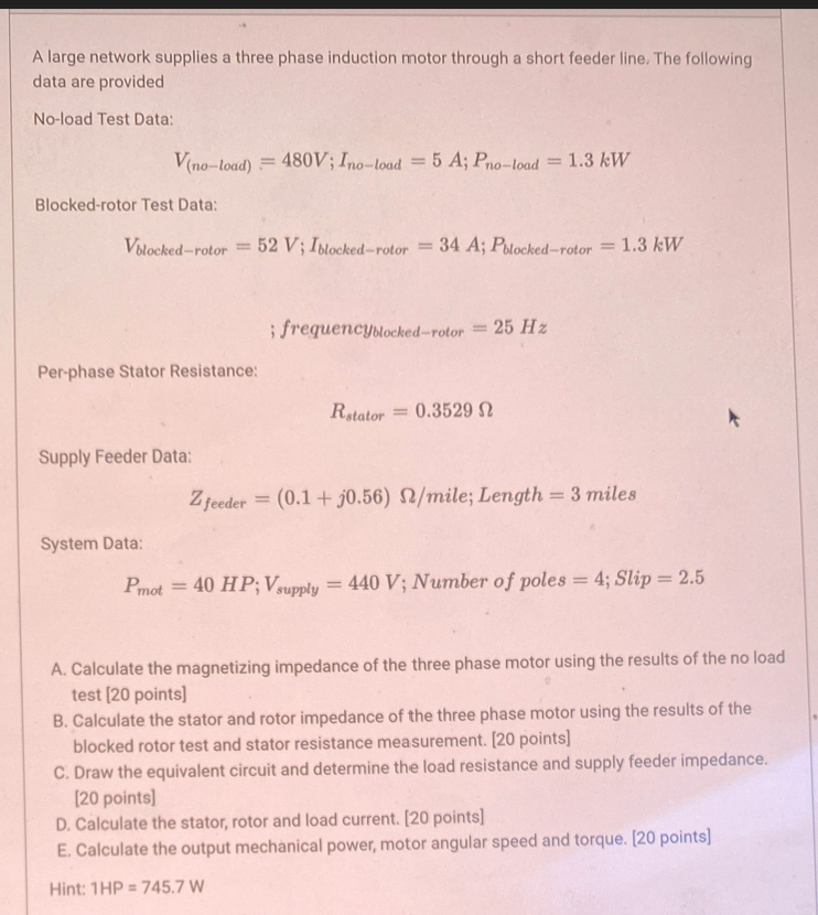 Solved A large network supplies a three phase induction | Chegg.com