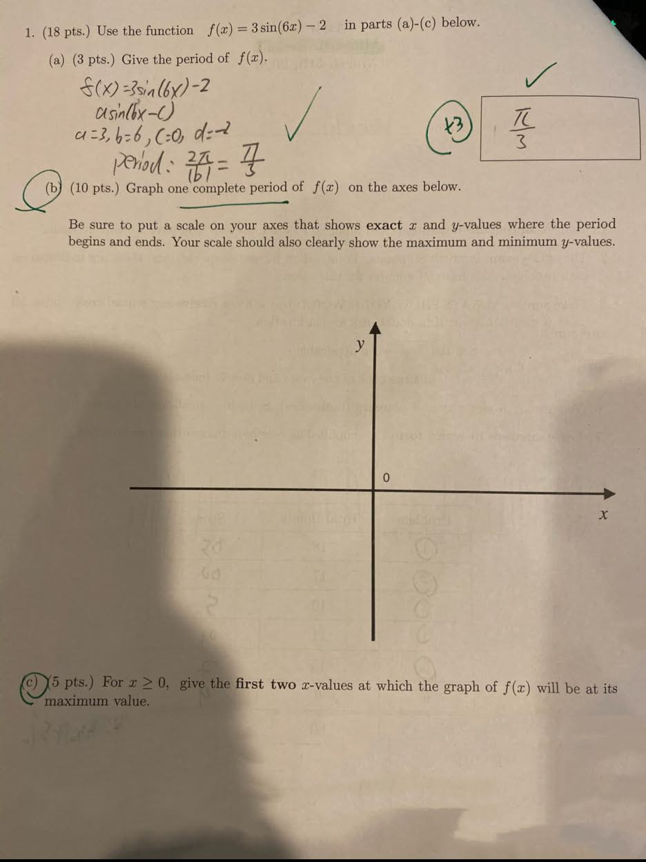 Solved 1. (18 pts. Use the function f(x) = 3 sin(6x) - 2 in | Chegg.com