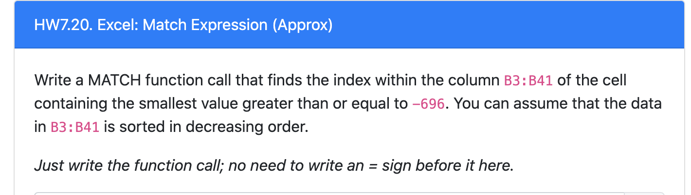 Solved HW7.20. Excel: Match Expression (Approx) Write a | Chegg.com