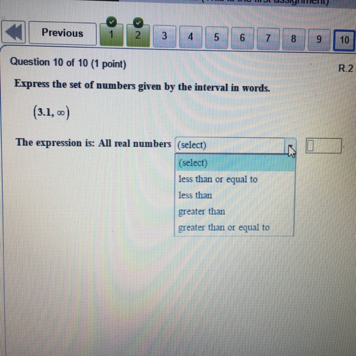 Solved Express the set of numbers given by the interval in | Chegg.com