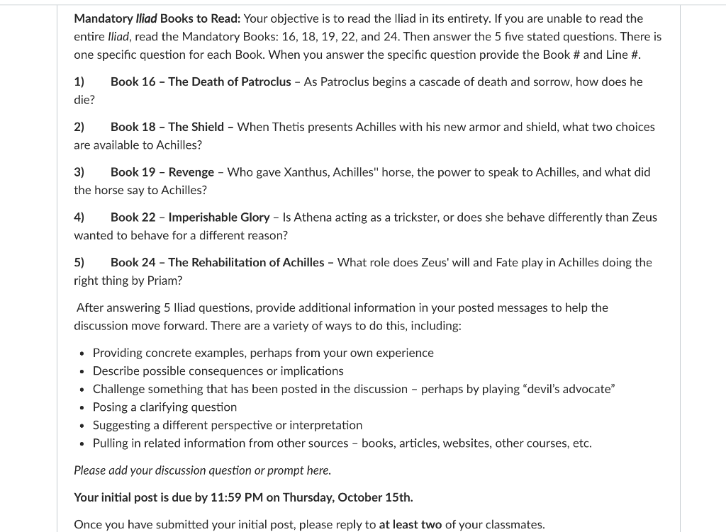 Mandatory Iliad Books to Read: Your objective is to | Chegg.com