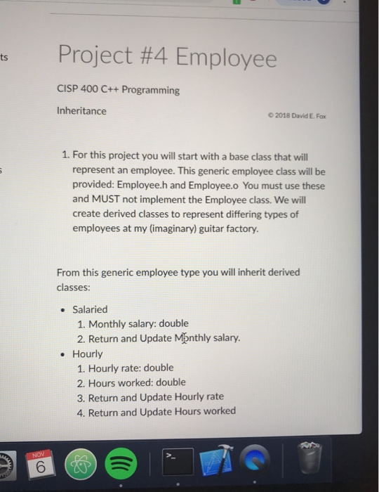 Solved Project #4 Employee CISP 400 C++ Programming | Chegg.com