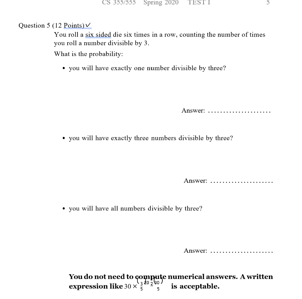 Solved CS 355/555 Spring 2020 TESTI Question 5 (12 Points) | Chegg.com