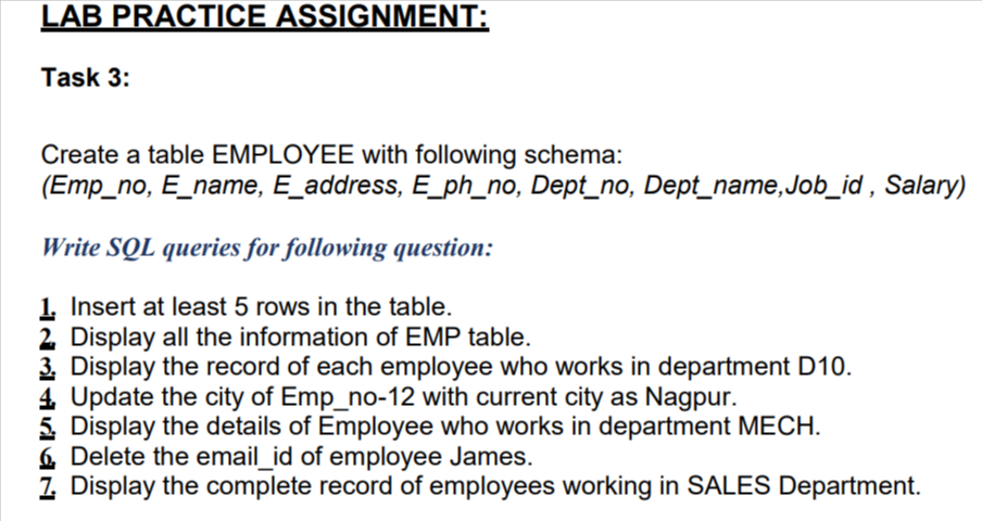 Solved LAB PRACTICE ASSIGNMENT: Task 3: : Create a table | Chegg.com