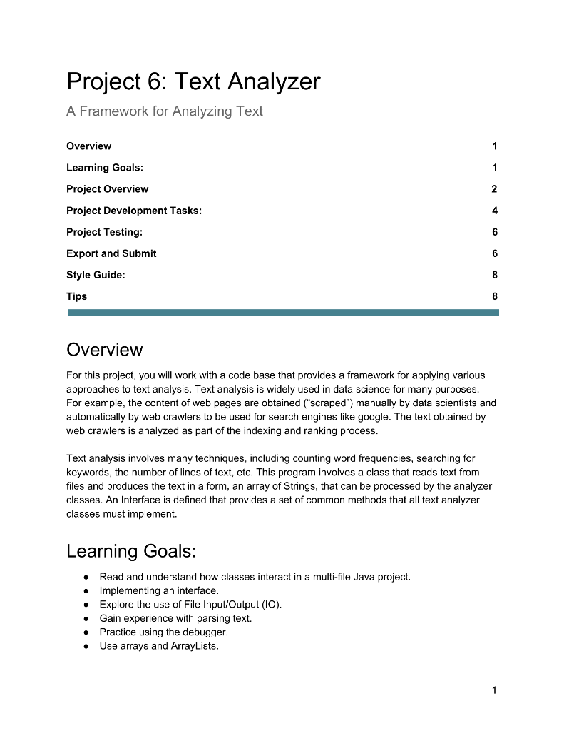 Project 6: Text Analyzer A Framework for Analyzing | Chegg.com