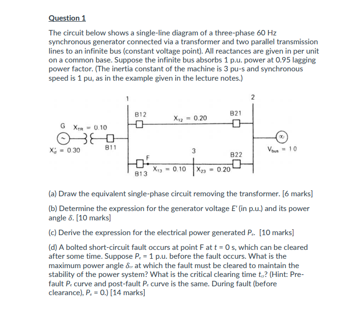 Solved Question 1 The circuit below shows a single-line | Chegg.com