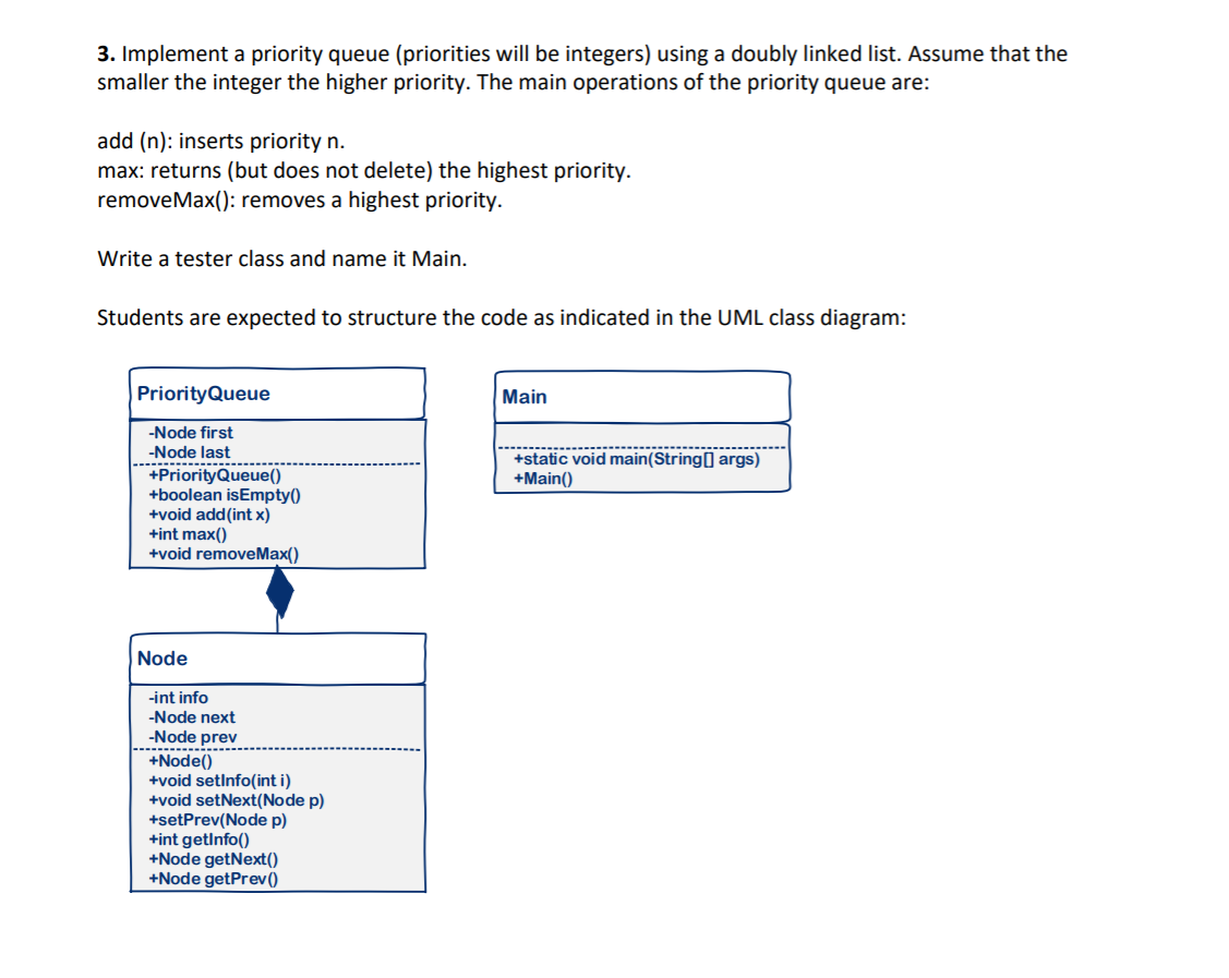 Solved 3. Implement a priority queue (priorities will be | Chegg.com