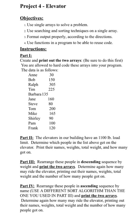 Solved Project 4 Elevator Objectives: I. Use single arrays | Chegg.com