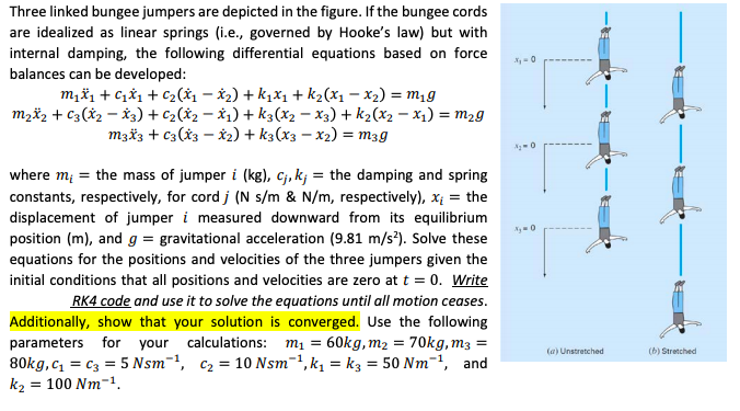 Three linked bungee jumpers are depicted in the | Chegg.com