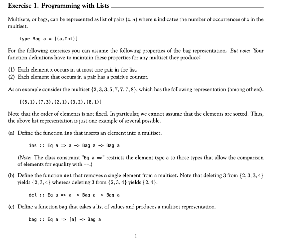 Solved Multisets, or bags, can be represented as list of | Chegg.com