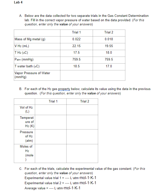 Solved Experimental Determination of the Gas Constant | Chegg.com