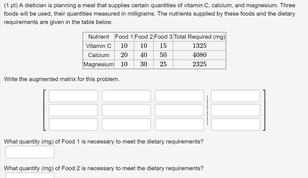 Solved (1 pt) A dietician is planning a meal that supplies | Chegg.com