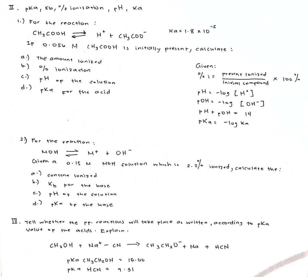 Solved I ka, kb, % ionization, pH, ka 1.) For the reoction : | Chegg.com