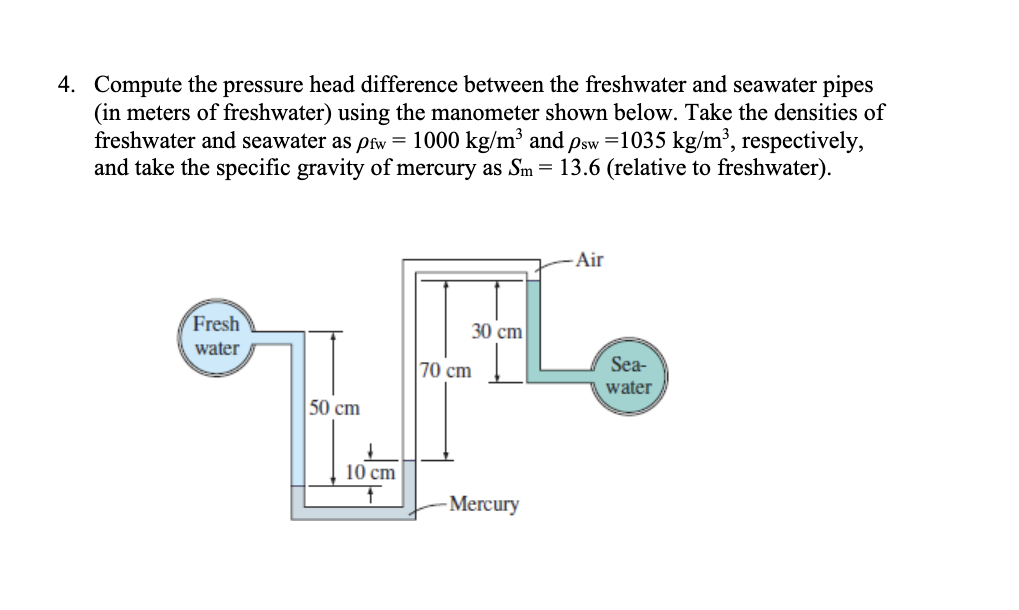 Solved 4. Compute the pressure head difference between the | Chegg.com