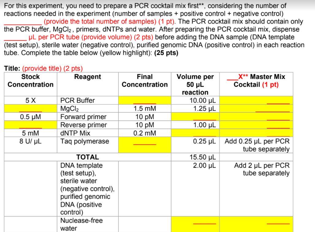 Solved For this experiment, you need to prepare a PCR | Chegg.com