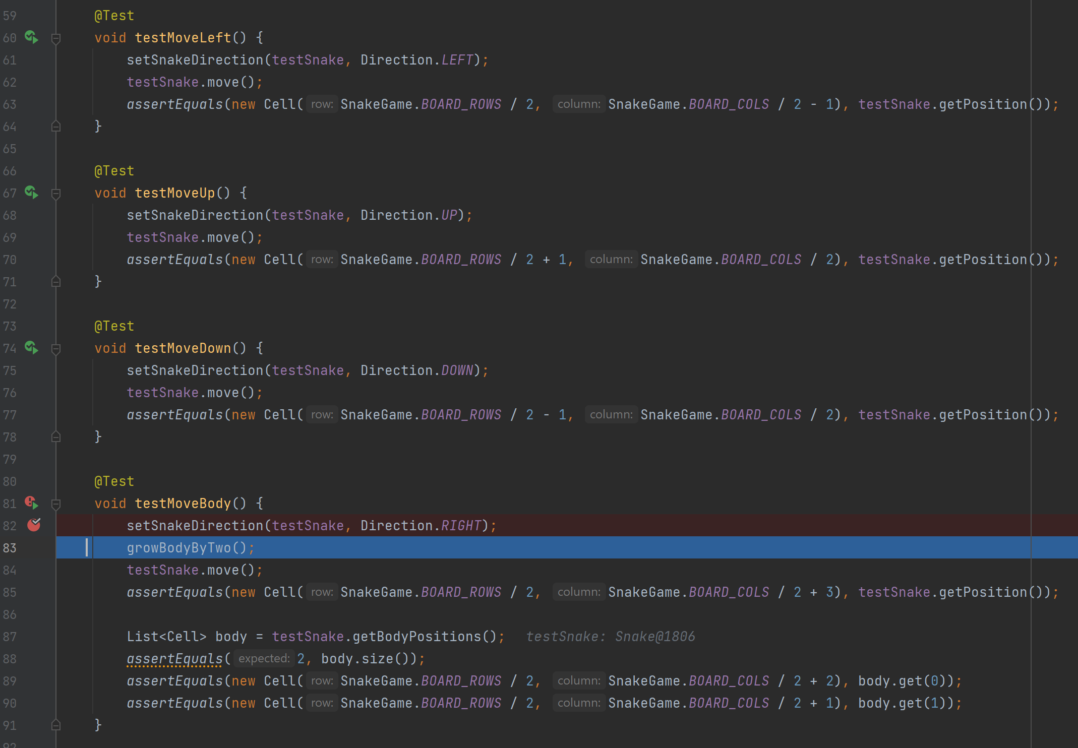 Solved Run the tests in the SnakeTest class and note that | Chegg.com