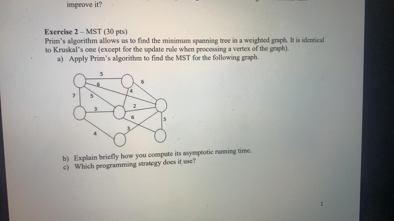 Solved improve it? Exercise 2 - MST (30 pts) Prim's | Chegg.com