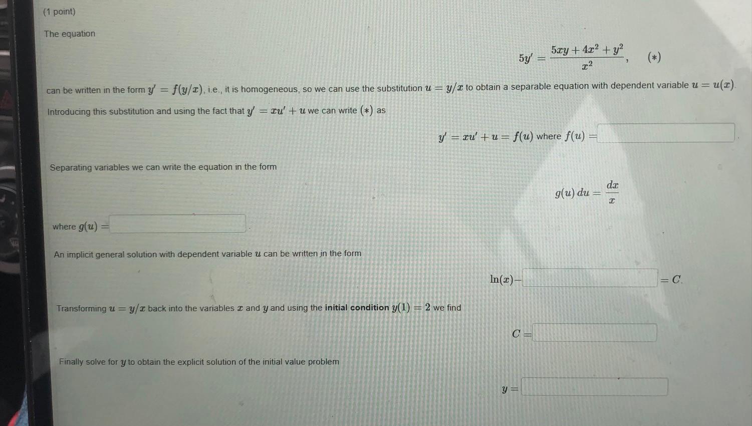 Solved (1 point) The equation 5xy + 4x2 + y2 5y' 22 can be | Chegg.com