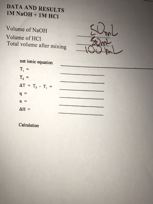 Solved DATA AND RESULTS 1M NaOH 1M HCI Volume of NaOH Volume | Chegg.com