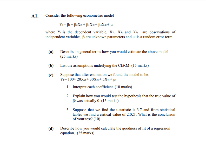 Solved A1. Consider the following econometric model Y=B1 + | Chegg.com