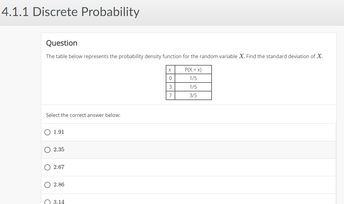 Solved 4.1.1 Discrete Probability Question The table below | Chegg.com