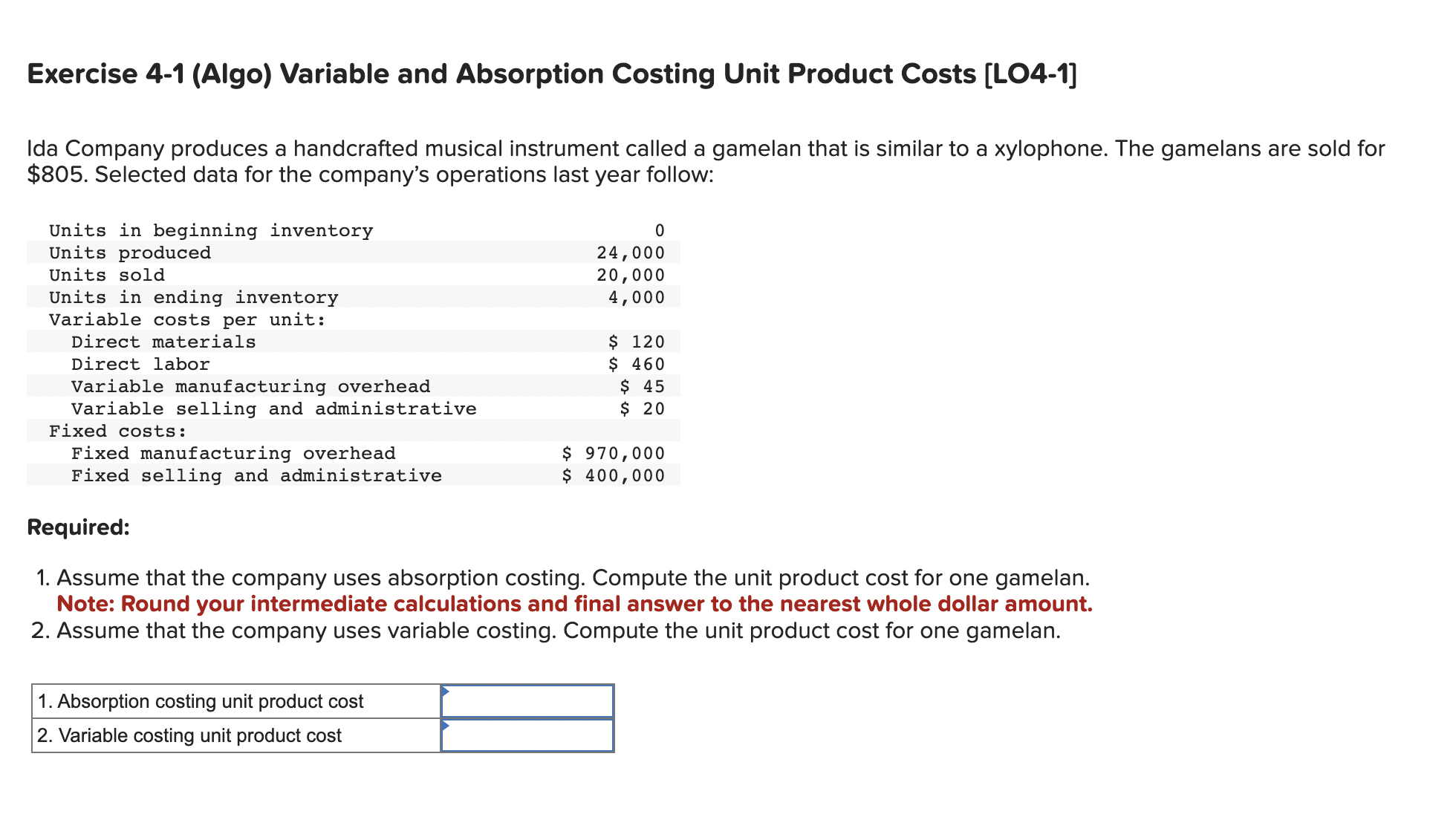Solved Exercise 4-1 (Algo) Variable and Absorption Costing | Chegg.com