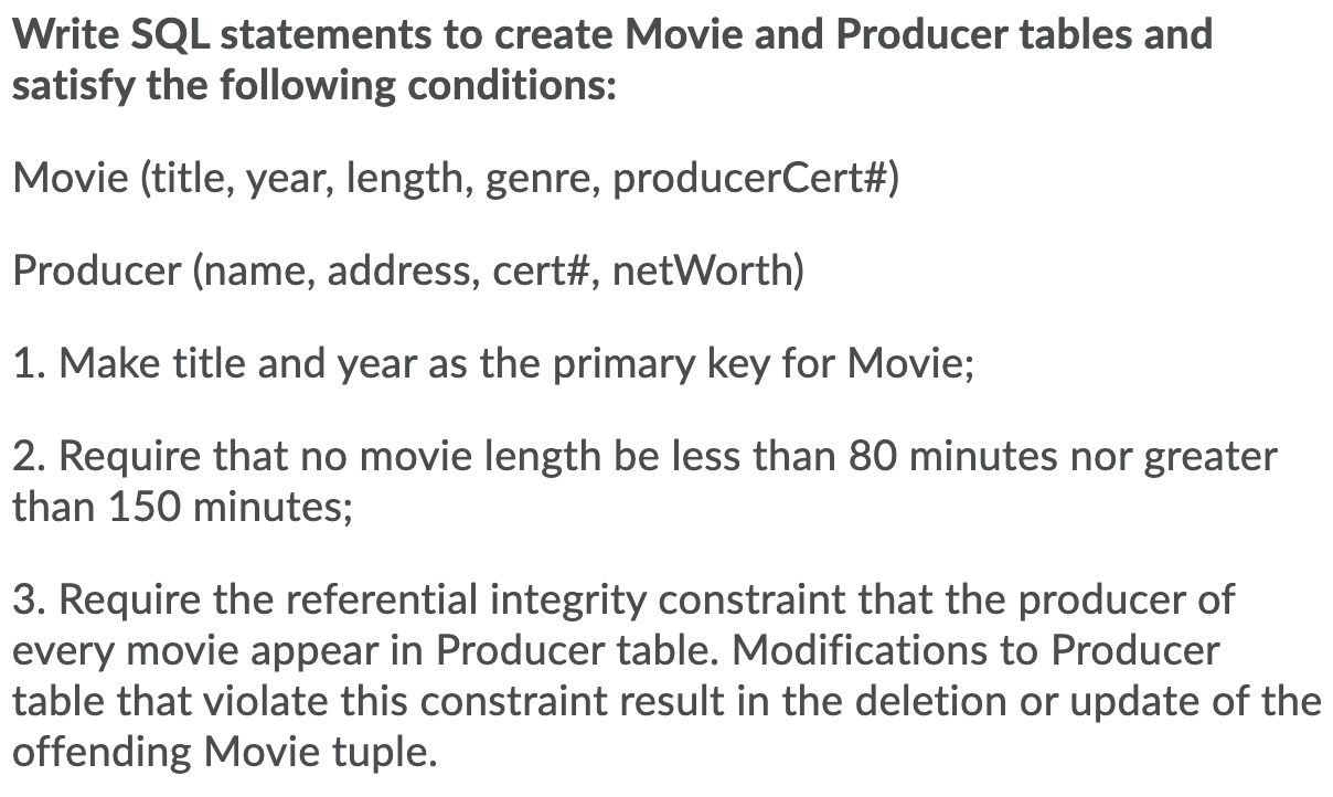 Solved Write SQL statements to create Movie and Producer | Chegg.com