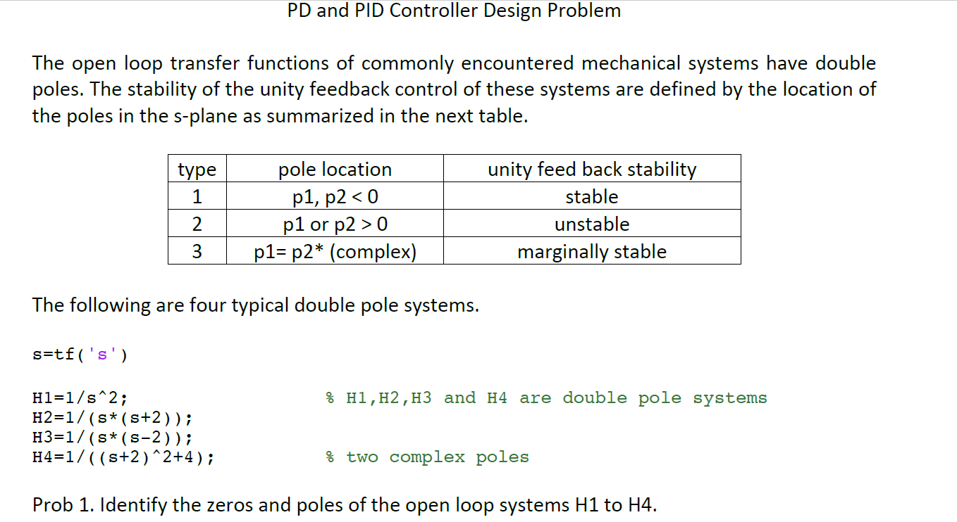 Solved PD and PID Controller Design Problem The open loop | Chegg.com
