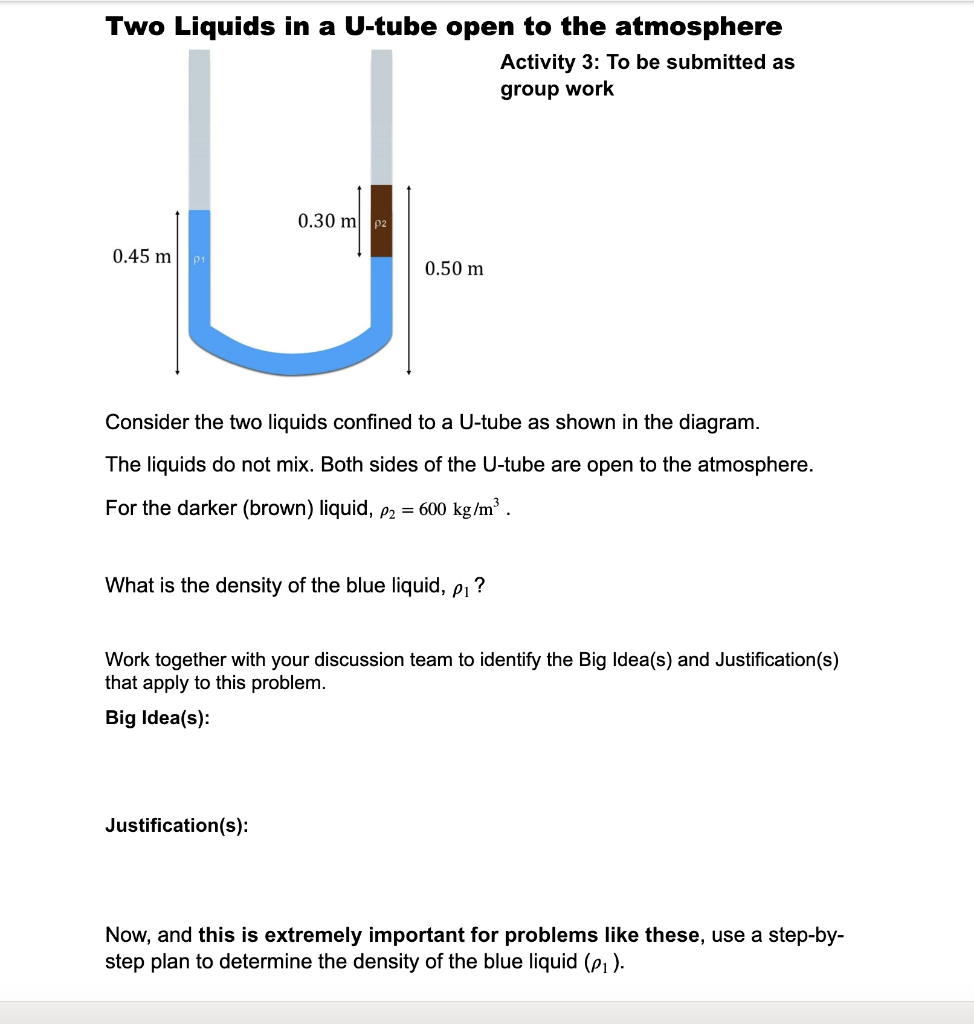 Solved Two Liquids in a U-tube open to the atmosphere | Chegg.com
