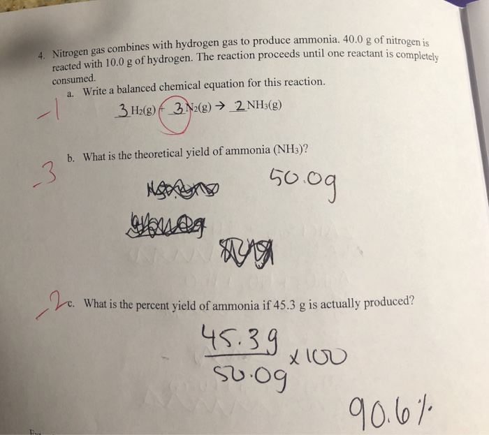 Solved 4. Nitrogen gas combines with hydrogen gas to produce | Chegg.com