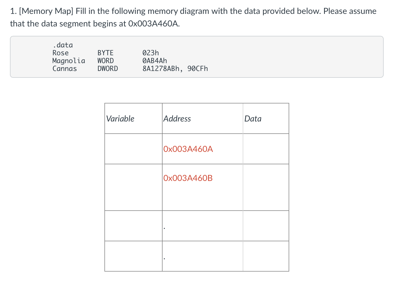 Solved 1. [Memory Map] Fill in the following memory diagram | Chegg.com