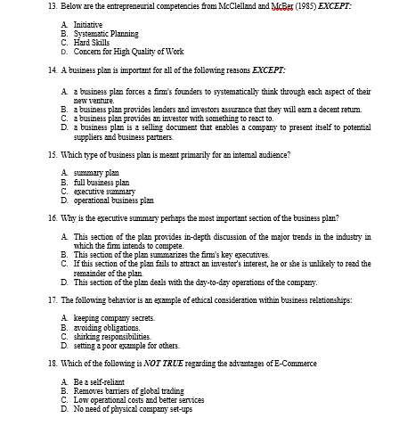 Solved 13. Below are the entrepreneurial competencies from | Chegg.com