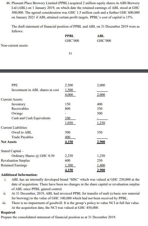 Solved 46. Pleasant Place Brewery Limited (PPBL) acquired 2 | Chegg.com