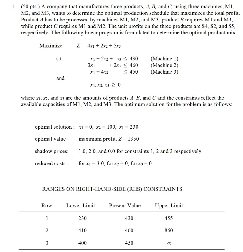 Solved 1. (50 pts.) A company that manufactures three | Chegg.com