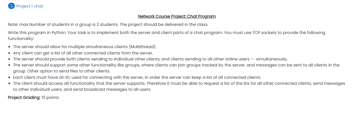 Solved Project 1 chat Network Course Project: Chat Program | Chegg.com