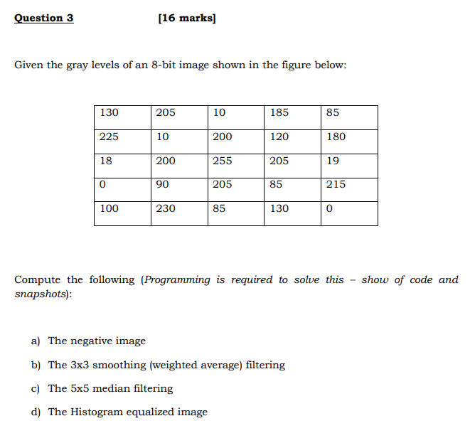 Solved Question 3 [16 marks] Given the gray levels of an | Chegg.com