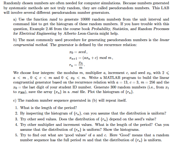 Solved andomly chosen numbers are often needed for computer | Chegg.com