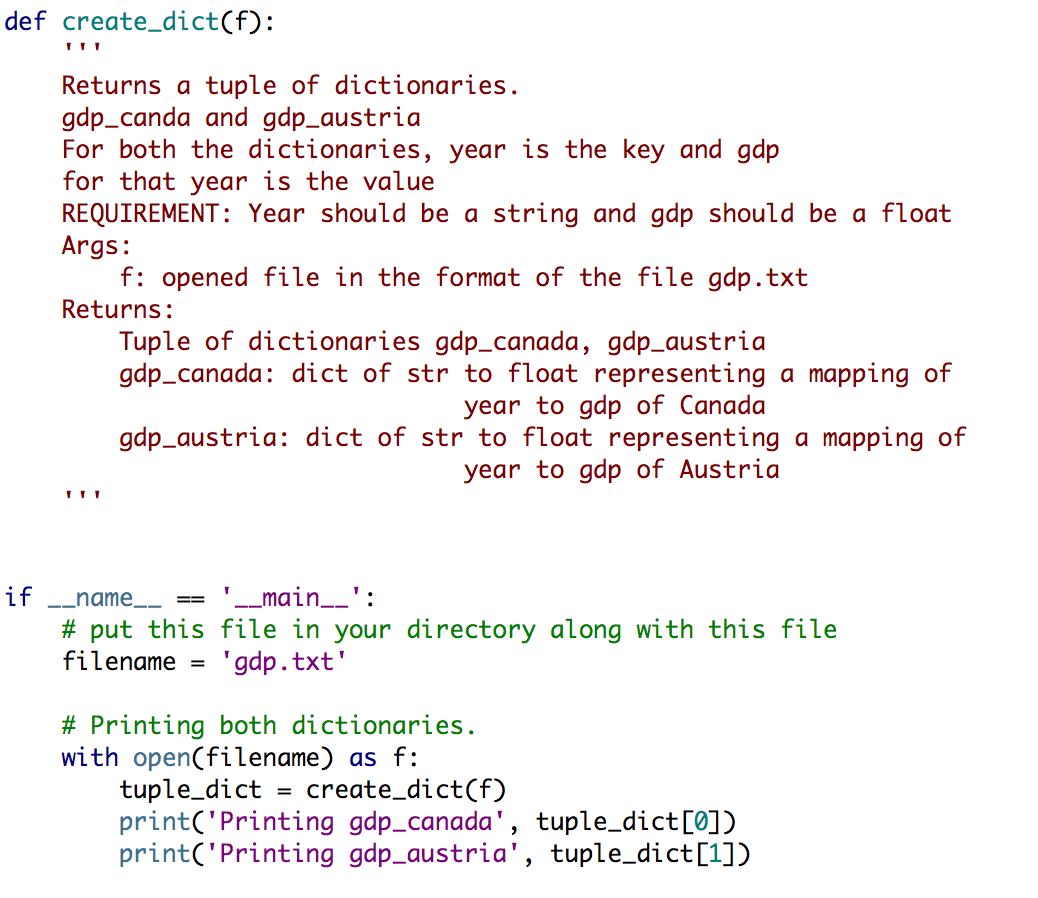 Solved def create_dict(f): Returns a tuple of dictionaries. | Chegg.com