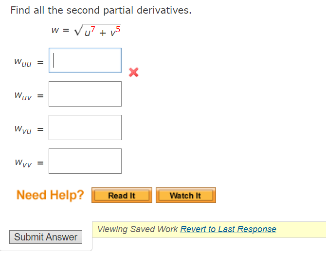 Solved Find All The Second Partial Derivatives W U7 V5 Wuu