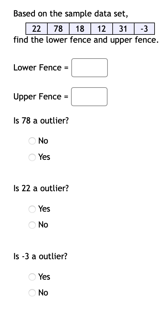 Solved Based on the sample data set, find the lower fence | Chegg.com